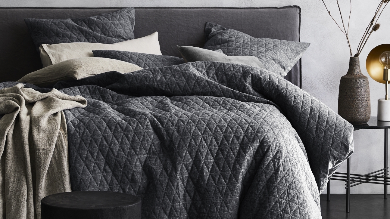 Aura Chambray Quilted Greystone Quilt Cover | Domayne