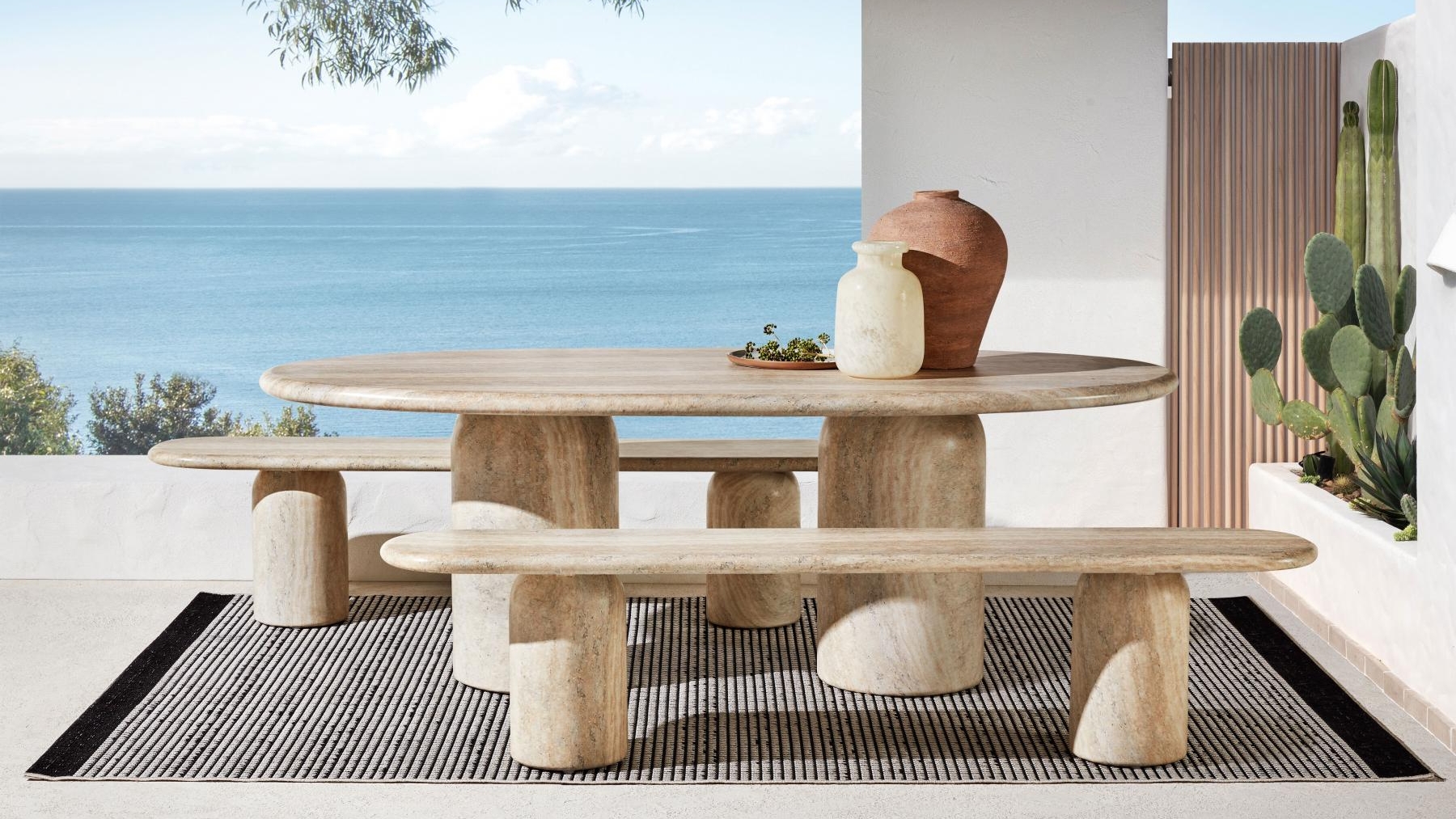 Sascha Outdoor Dining Bench - Travertine-Look | Domayne