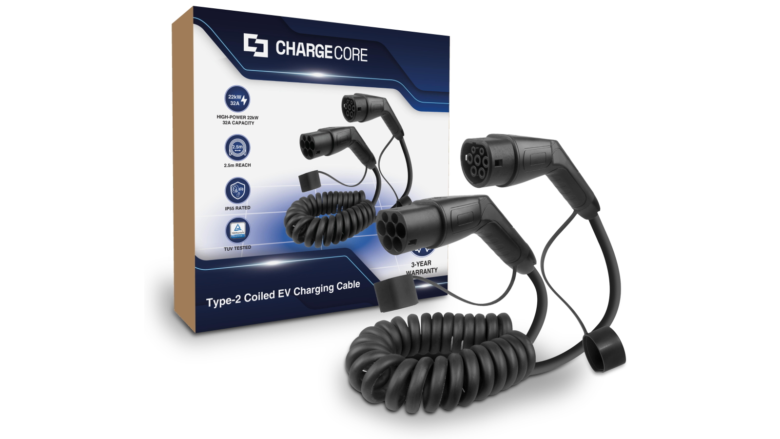 Laser ChargeCore 22kW Type-2 Coiled EV Charging Cable | Domayne