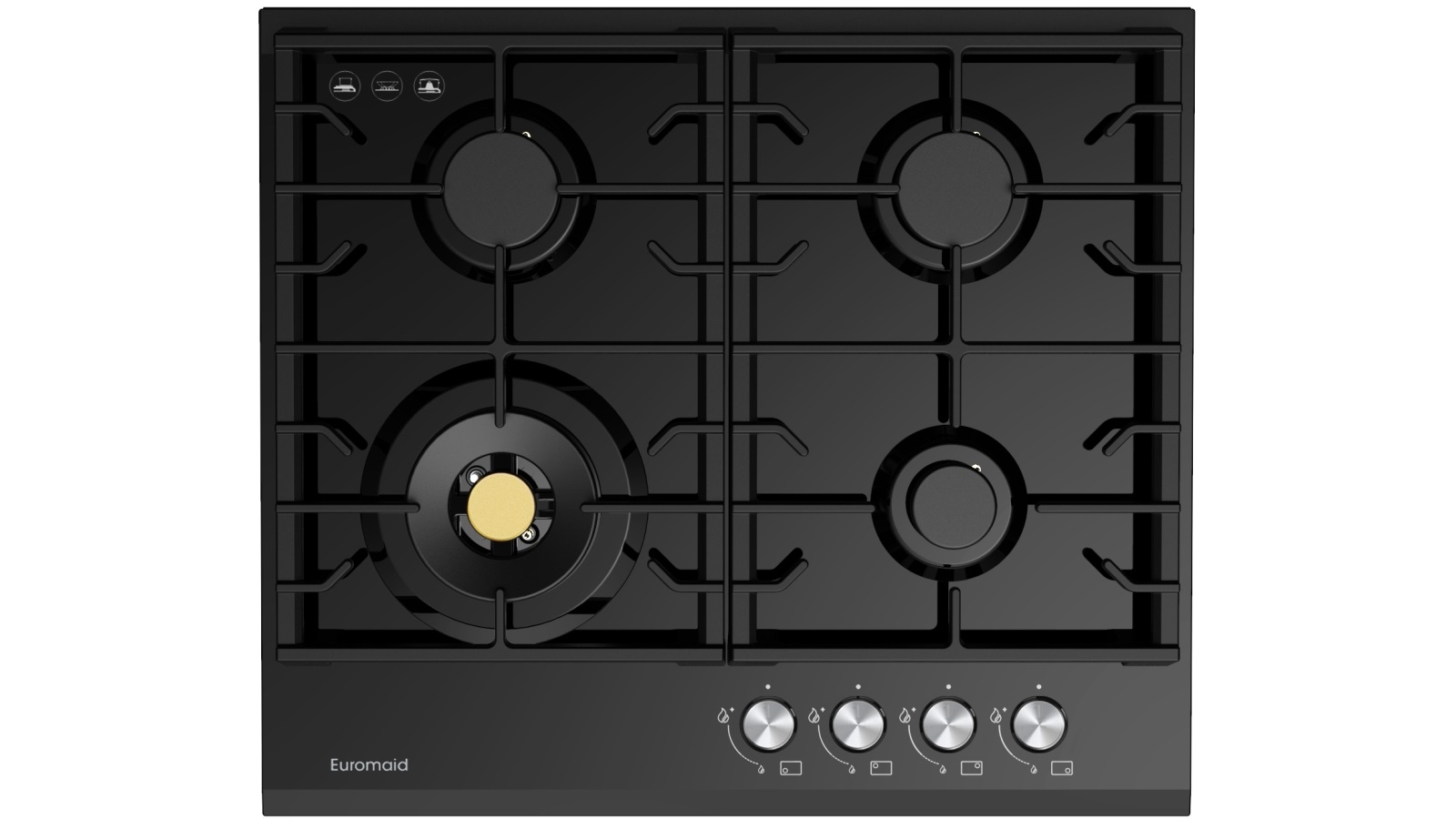 Euromaid Eclipse 600mm 4 Burner Black Glass Gas Cooktop | Domayne