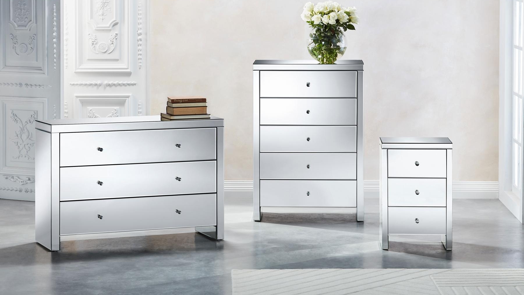 Monaco Mirrored 5 Drawer Wide Tallboy Domayne