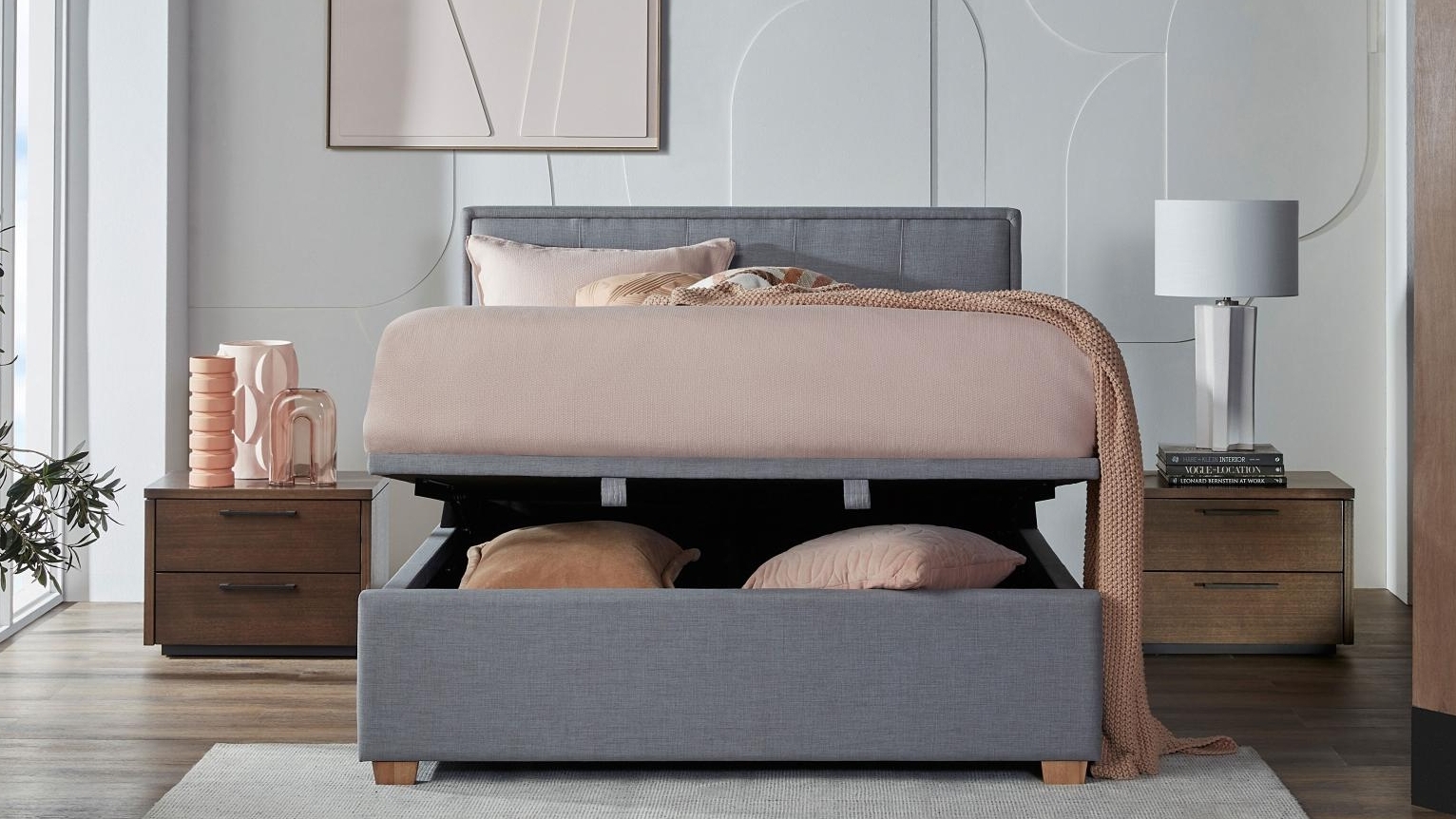 Halo King Bed Frame with Gas Lift - Mid Grey | Domayne