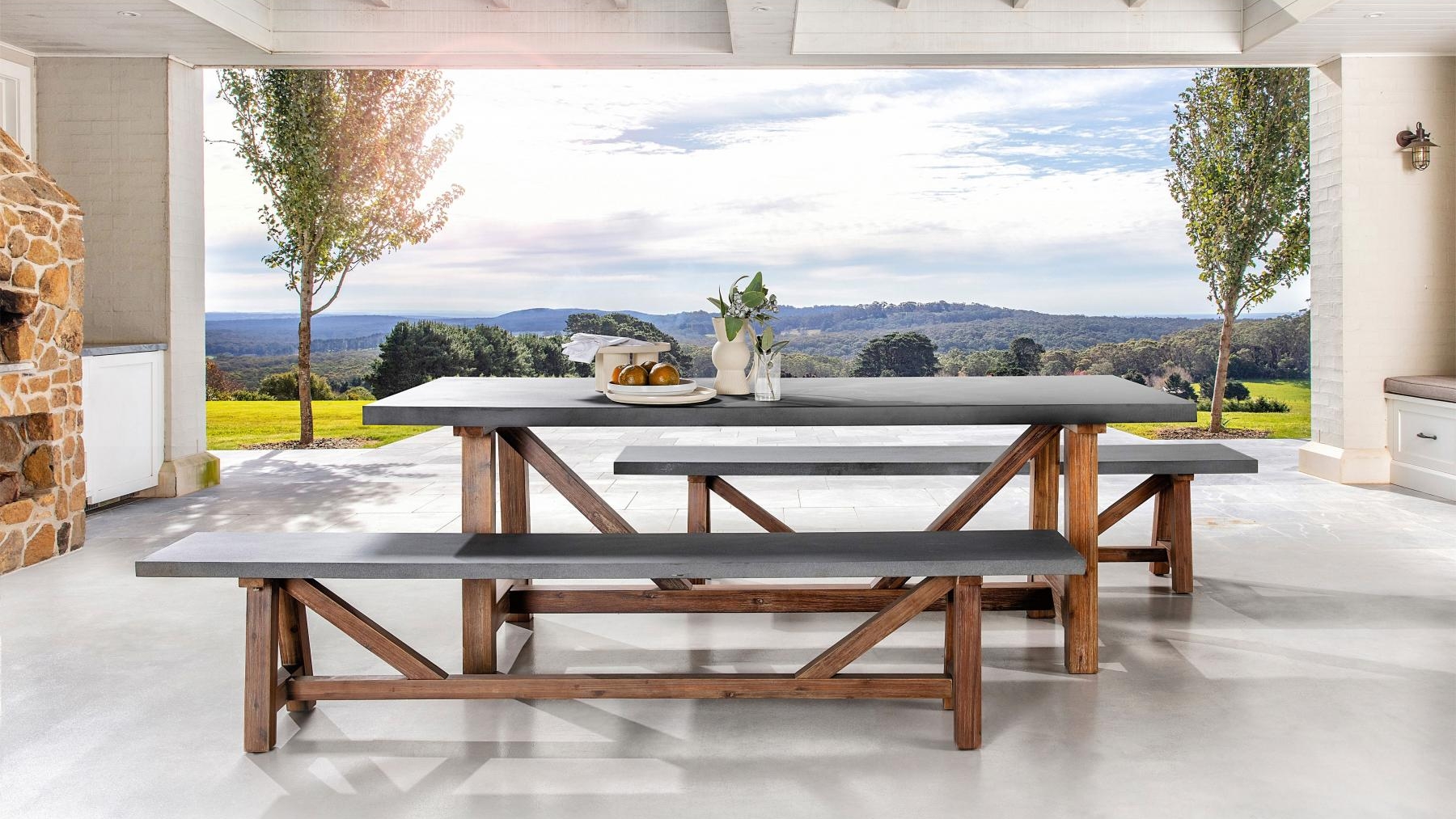 Estrella Outdoor Grey Dining Table 2 Outdoor Grey Benches Bundle Domayne