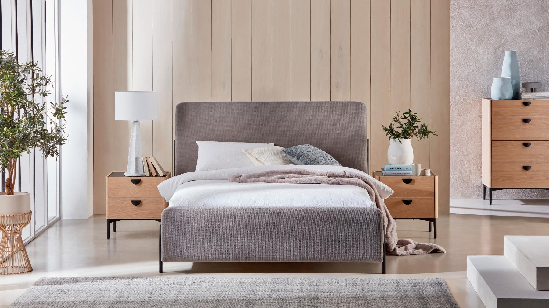 Shape Panel Grey Bed - Queen | Domayne