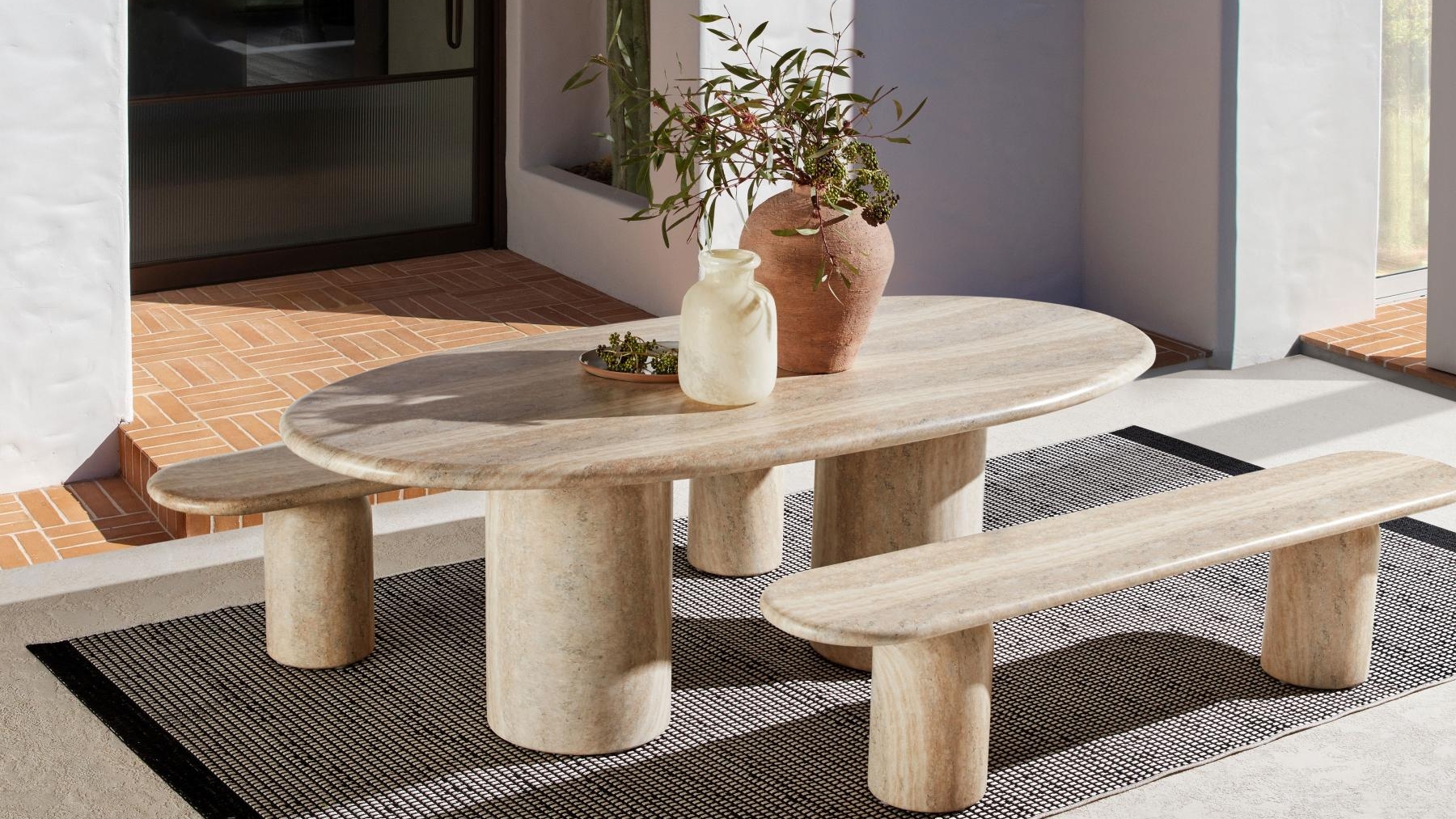 Sascha Outdoor Dining Bench - Travertine-Look | Domayne