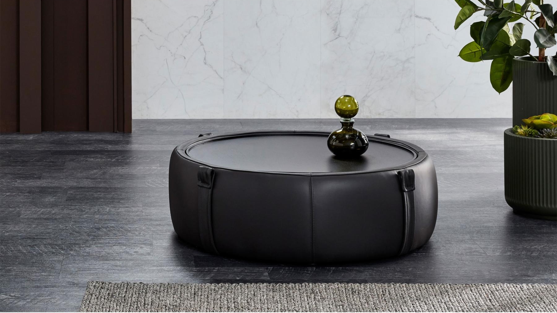 Caleb Round Leather Ottoman - Shale | Domayne