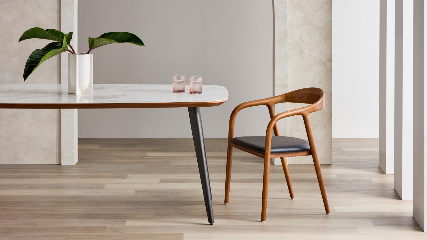 Megan Walnut Dining Chair in Black PU | Domayne