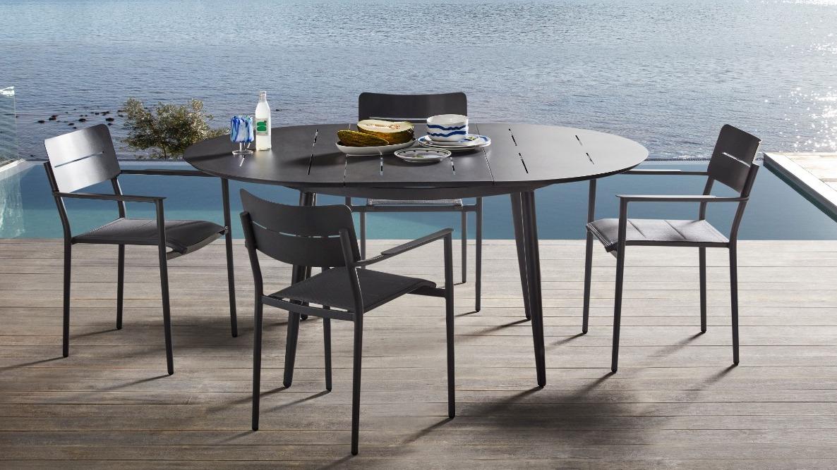 Sindara Outdoor Round Extension Dining Table in Charcoal | Domayne