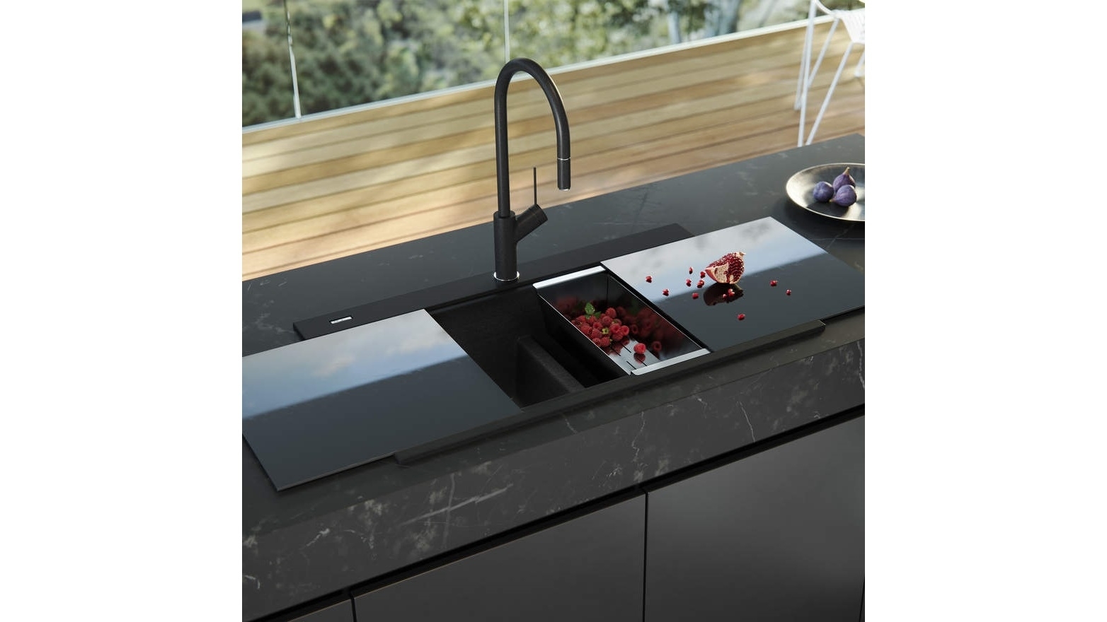 Oliveri Santorini Black Double Bowl Topmount Sink with Glass Top Domayne